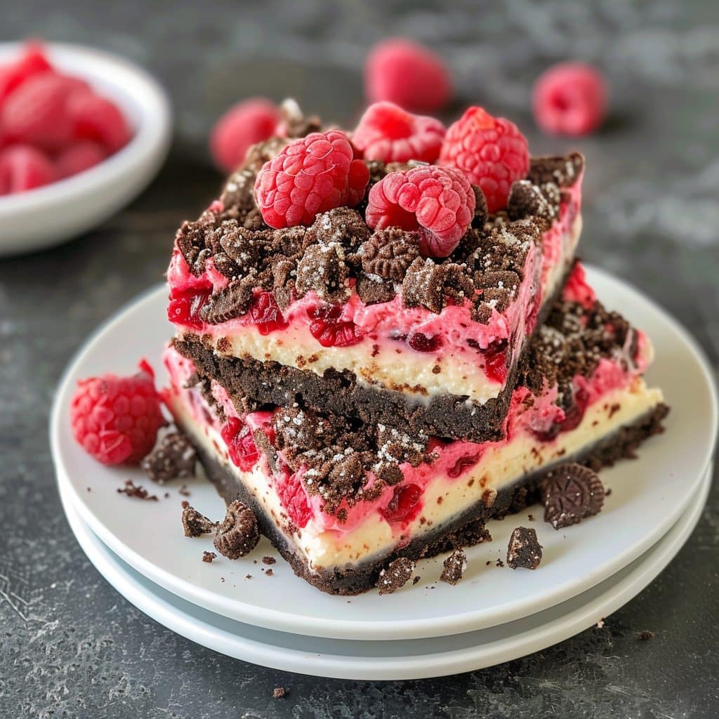 Oreo Crumble Raspberry Cheesecake Bars - Sarai Chinwag